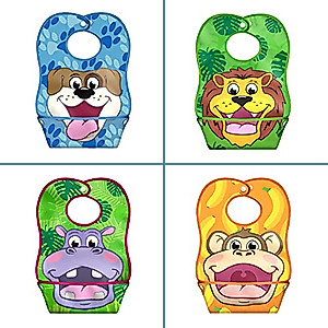 LA Baby Crumb Snatcher Waterproof Pocket Bib Large, Catch-All Pocket Design, 4-Pack (Monkey, Lion, Hippo, Puppy)