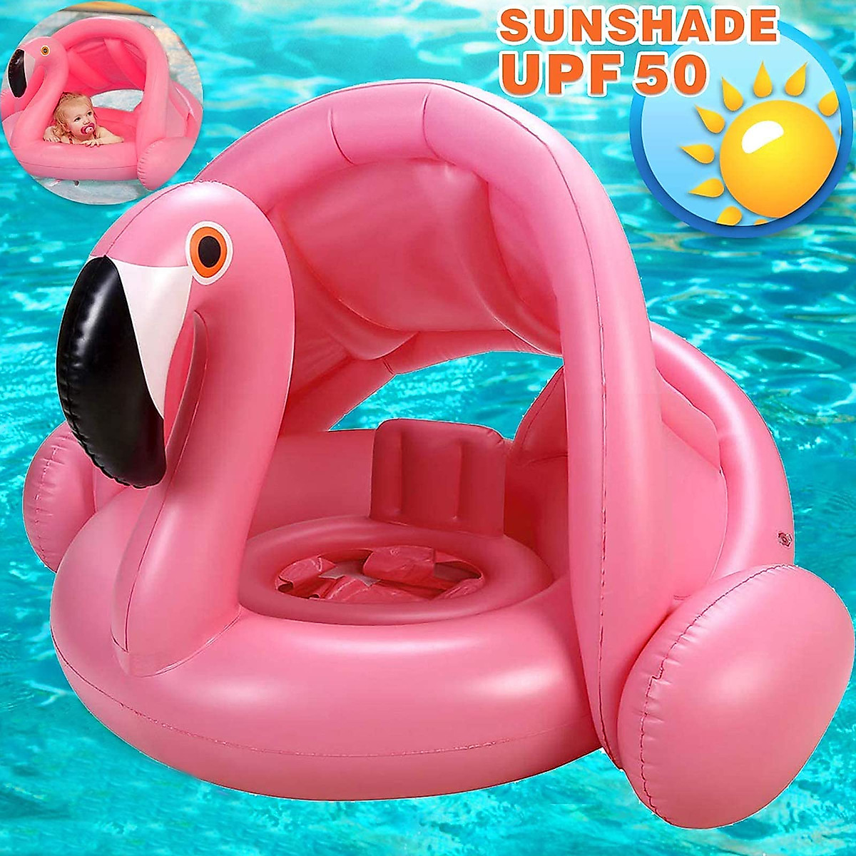 Flamingo Baby Swimming Ring with UPF 50+ Canopy Back Holder & Wings Airbag Never Flip Over, Inflatable Baby Pool Float Sunshade for 8-36 Months Infant Toddler Beach Water Toys Summer Luau Party Favors