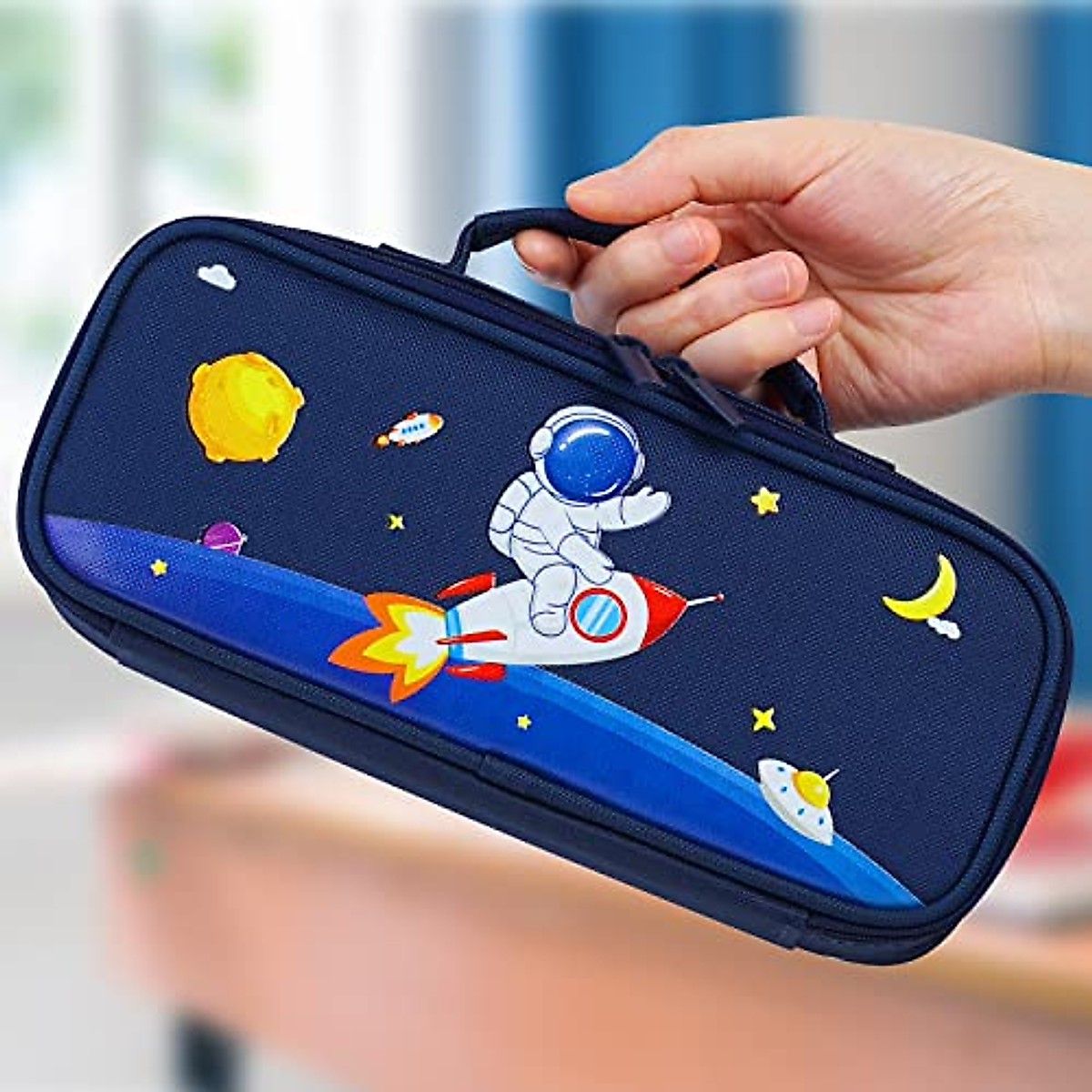 Four Candies Cute Pencil Case for Boys, Big Capacity Canvas Kawaii Pencil Pouch with Zipper & Handle , Waterproof and Durable Compartment Large Storage Pencil Bag for Kids in School - Astronaut