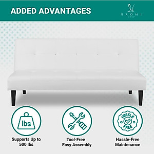 Naomi Home White Faux Leather Convertible Futon Sofa Bed, Button Tufted, 3 Positions, Small Couch Bed with Wooden Legs, 58 lbs, 500 lbs Capacity