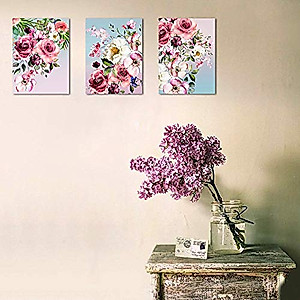 Flower Canvas Wall Art for Bedroom Woman Wall Decor Pink White Flowers Picture 3 Piece Framed Artwork Modern Plant Floral Canvas Prints for Kitchen Home Bathroom Girls Room Wall Decoration 12"x16"