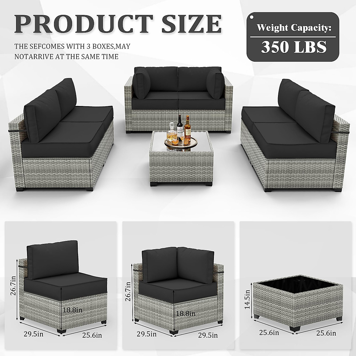 Kimunuk 7-Piece Outdoor Patio Furniture Set with 5" High-Resiliency Seat Cushions, Light Grey Gradient Wicker Sectional Sofa, Modular Wicker Patio Conversation Set, with Coffee Table-Grey/Black