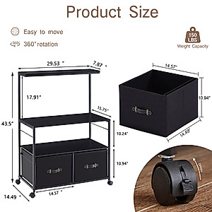 VECELO Fabric Lateral Filing Cabinet with 3 Open Storge Shelves Movable Printer Stand with 2 Large, Home Office, Suitable for A4 Or Letter Size,Black, 2 Drawer
