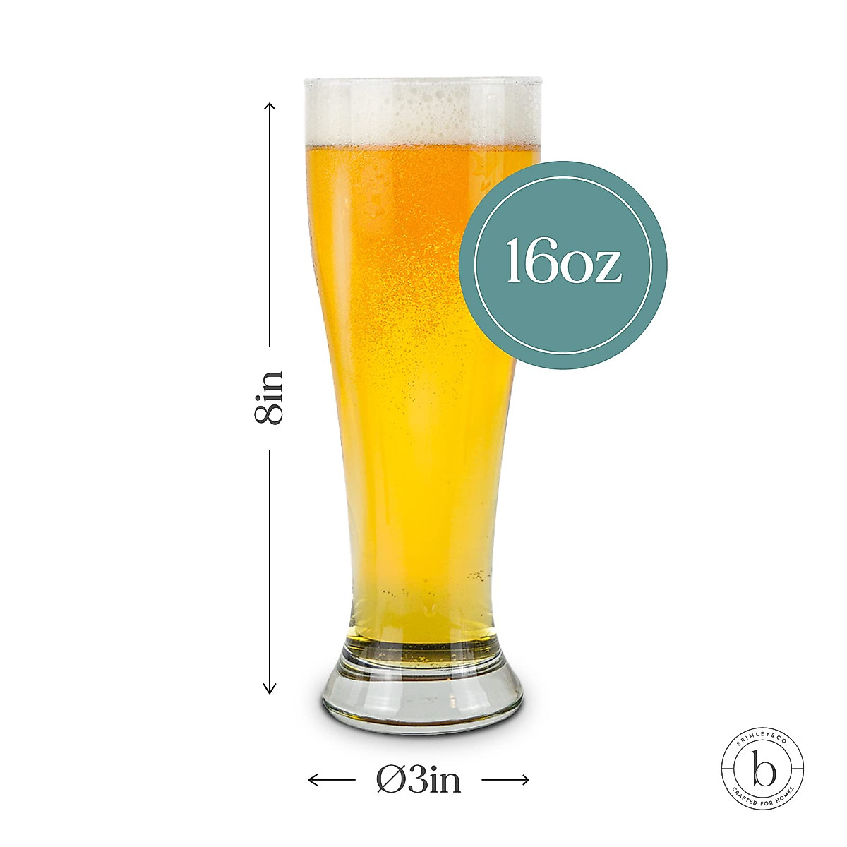 brimley 16oz Nucleated Pilsner Beer Glasses Set of 4 - Craft Beer Drinking Glasses Set for Pilsners & Other Lighter Beers - Dishwasher Safe/Freezer Safe Glass Pint Glasses - Beer Gifts