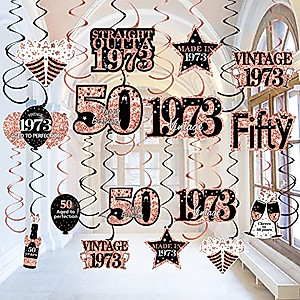 30pcs 50th Birthday Decorations Hanging Swirls for Women, Rose Gold Vintage 1973 50th Birthday Foil Swirls Party Supplies, Fifty Year Old Birthday Ceiling Hanging Decorations