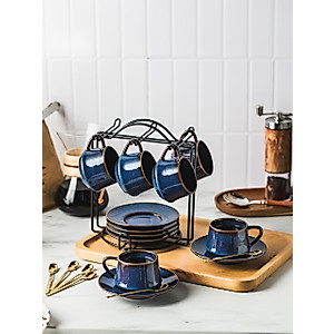 YHOSSEUN Espresso Cups Set of 6, 4 OZ Expresso Shots Cup Small Coffee Cup with Sacuers Metal Stand, Ceramic Espresso Cups for Cappuccino, Latte, Cafe Mocha and Tea, Blue