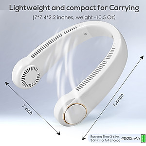 Neck Fan, 2-Pack Portable Neck Fan Hands Free Bladeless Personal Fan, 4000mAh Battery Operated Wearable Rechargeable USB Fan, Leafless, 3 Speeds Neck Fans for Women, Kids, Travel, Sport, Office, White
