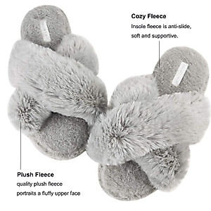HALLUCI Women's Cross Band Soft Plush Fleece House Indoor or Outdoor Slippers (X-Large, Grey)