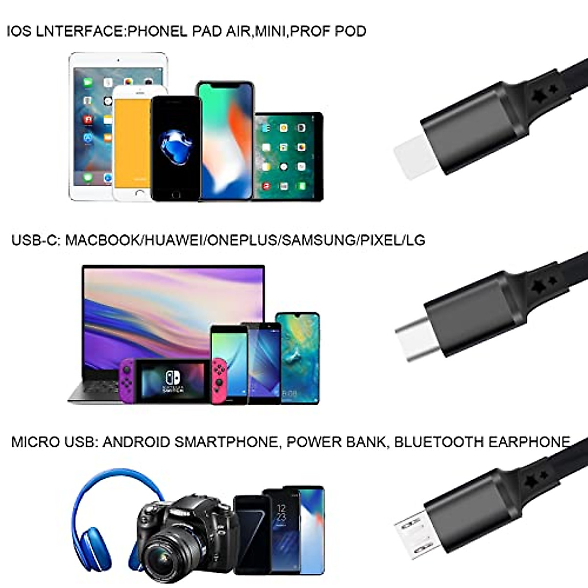 Aywenny [2023 Upgraded 3 Pack Multi Retractable Charging Cable, 3 in 1 USB Charging Cable with USB C/Micro USB/Phone Port, 3.3FT Charging Cable for Phone 14 13 12 11 XS XR X 8 7 6 SE,Galaxy (3park)