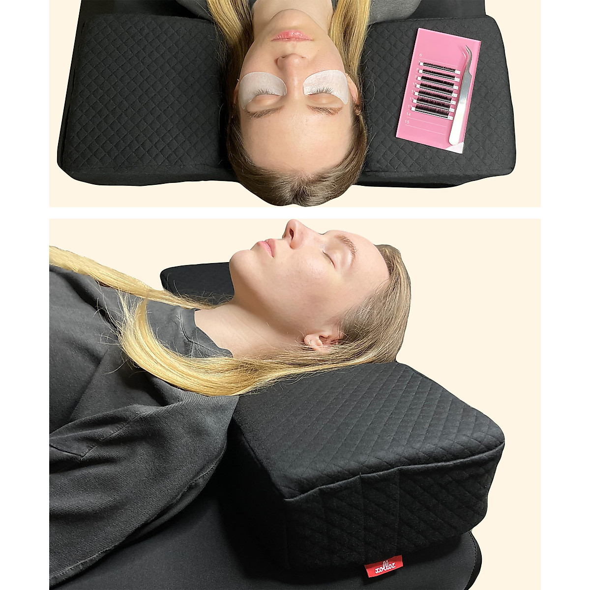 XOLLOZ Pillow For Eyelash Extensions - Curved Memory Foam Lash Bed Pillow With Neck And Back Support, Perfect Pillow For Eyelash Extensions, Two Pockets For Tools On The Sides Of Pillow (Black)