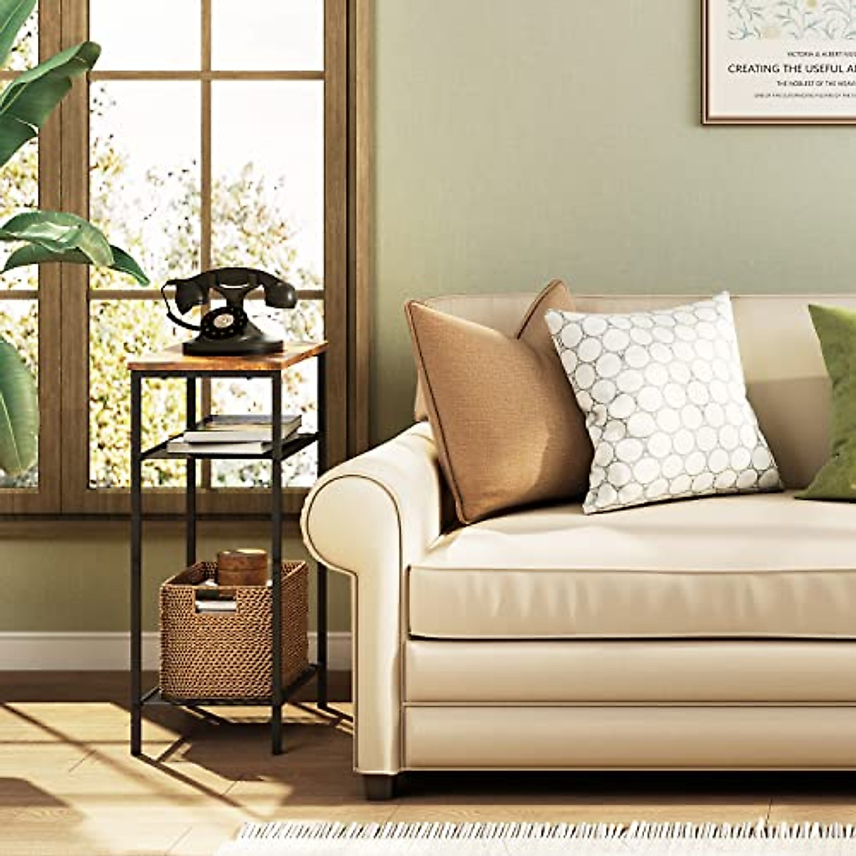 Hoctieon 3 Tier End Table, Telephone Table, Narrow Side Table with Storage, Nightstand for Small Spaces, Metal Frame, For Living Room, Bedroom, Sofa Couch, Hall, Easy Assembly, Rustic Brown