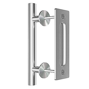 SMARTSTANDARD 10 Inch Sliding Barn Door Handle, Pull and Flush Hardware Set, Stainless Steel, Large Rustic Two-Side Design, Round