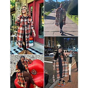 Himosyber Women's Casual Plaid Lapel Woolen Button Up Pocketed Long Shacket Coat (Red-S)