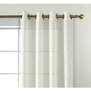 MIUCO Floral Embroidered Semi Sheer Curtains Faux Linen Grommet Curtains for Girls Room 52 x 84 Inch Set of 2, Off White