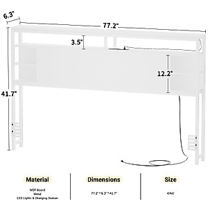 Unikito King Size Headboard with Storage, Headboards with Power Outlets and RGB LED Light, Sturdy Head Board for King Size Bed, Stable King Headboard Only for Bedroom, Dorm Room, Guest Room, White