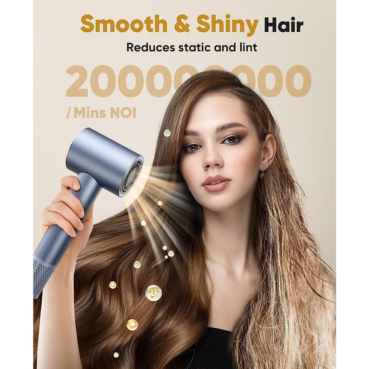 High Speed Hair Dryer with Ionic，110,000 RPM，3 Temper，LED Display，Auto Presets，No Heat Damage，50 DB Low Noise for Children，Home，Travel