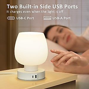 Touch Bedside Table Lamp Set of 2 - Small Modern Nightstand Lamp for Bedroom with USB C+A Charging Ports, 3-Way Dimable Desk lamp with White Opal Glass Lamp Shade, 3000K LED Bulb, Simple Design