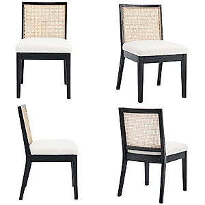 Farmhouse Rattan Dining Chairs Set of 4, Mid Century Modern Sherpa Boucle Kitchen & Dining Room Chairs, Upholstered Black Cane Dining Chair Kitchen Chairs Side Chairs with Black Hardwood Frame, White