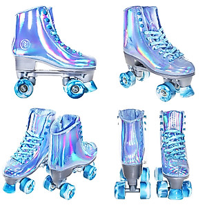 JajaHoho Roller Skates for Women, Shiny Holographic High Top Rollerskates, Mixture Color Double-Row Four Colour Frozen Wheels Quad Skates for Girls Age 8-51 Indoor Outdoor (Very Peri Blue, Size 8)
