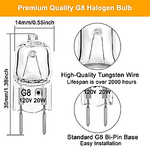 G8 Halogen Bulb 20W 120V T4 JCD Type G8 Base Bi-Pin Xenon Light Bulbs, Dimmable with Long Lasting Lifespan, G8 Halogen Light Bulbs for Under Cabinet Puck Lighting Replacements, Warm White, 6 Packs
