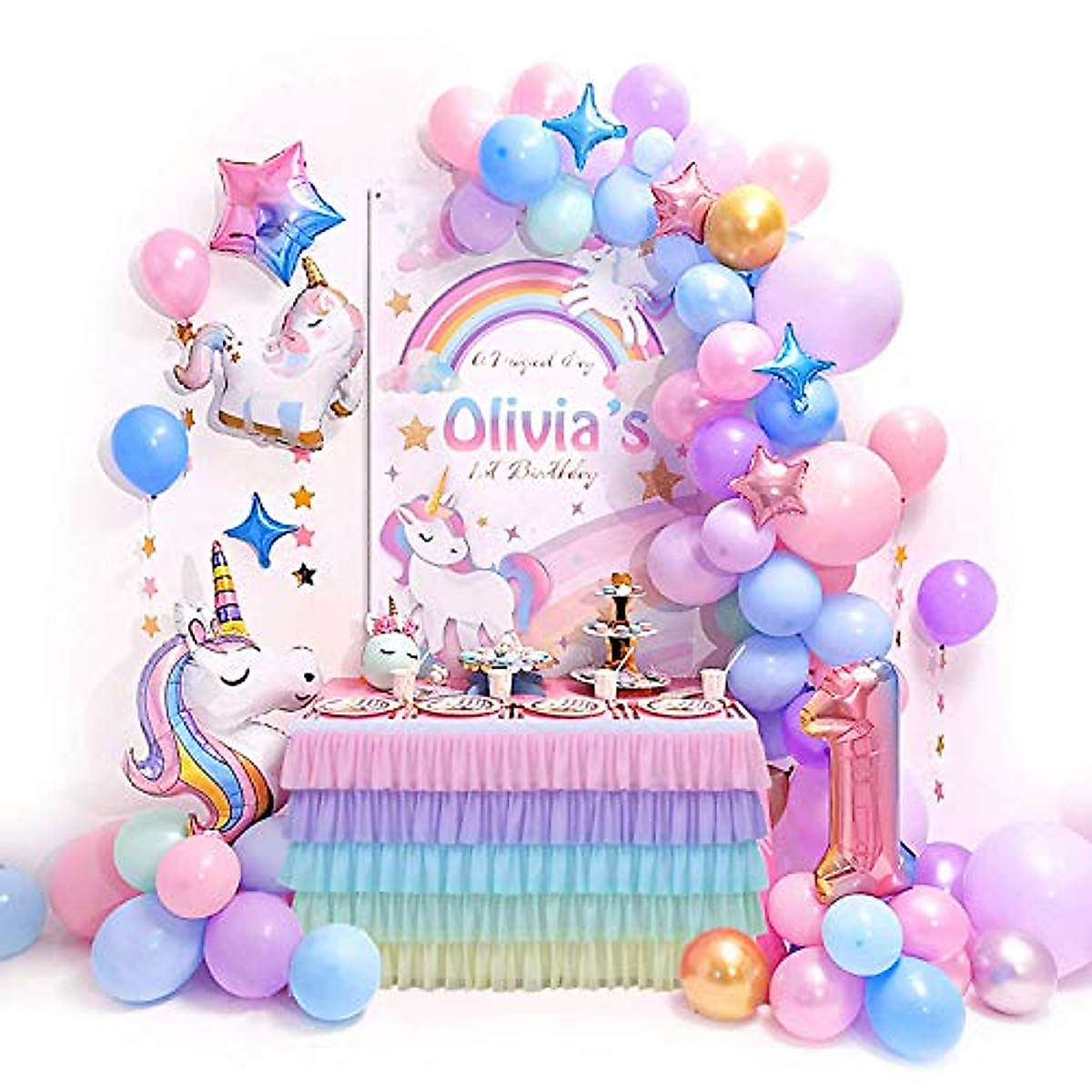 GewoneLife Rainbow Tulle Table Skirt 6FT Tutu Table Clothing for Baby Shower Birthday Party Decoration,Unicorn Table Skirt for Rectangle and Round Tables(L72in,H30in)