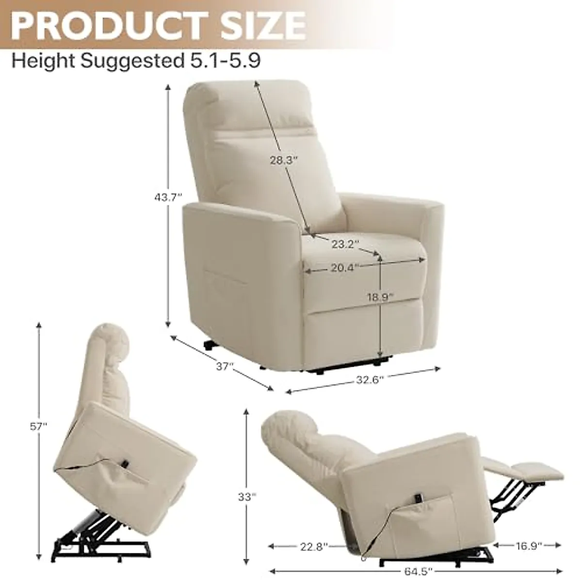 Wichvens Power Lift Recliner Chair with Massage,Multi-Angle Adjustment Seat,Mattevelvet Fabric Reclining Single Sofa with Side Pocket& Remote Control for Living Room,Bedroom,Office(Beige)