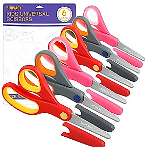 BURVAGY 5.5" Small School Student Blunt Kids Craft Scissors, Sharp Stainless Steel Blades Safety Comfort Grip for Children Cutting Paper, Assorted Color, 6 Pack