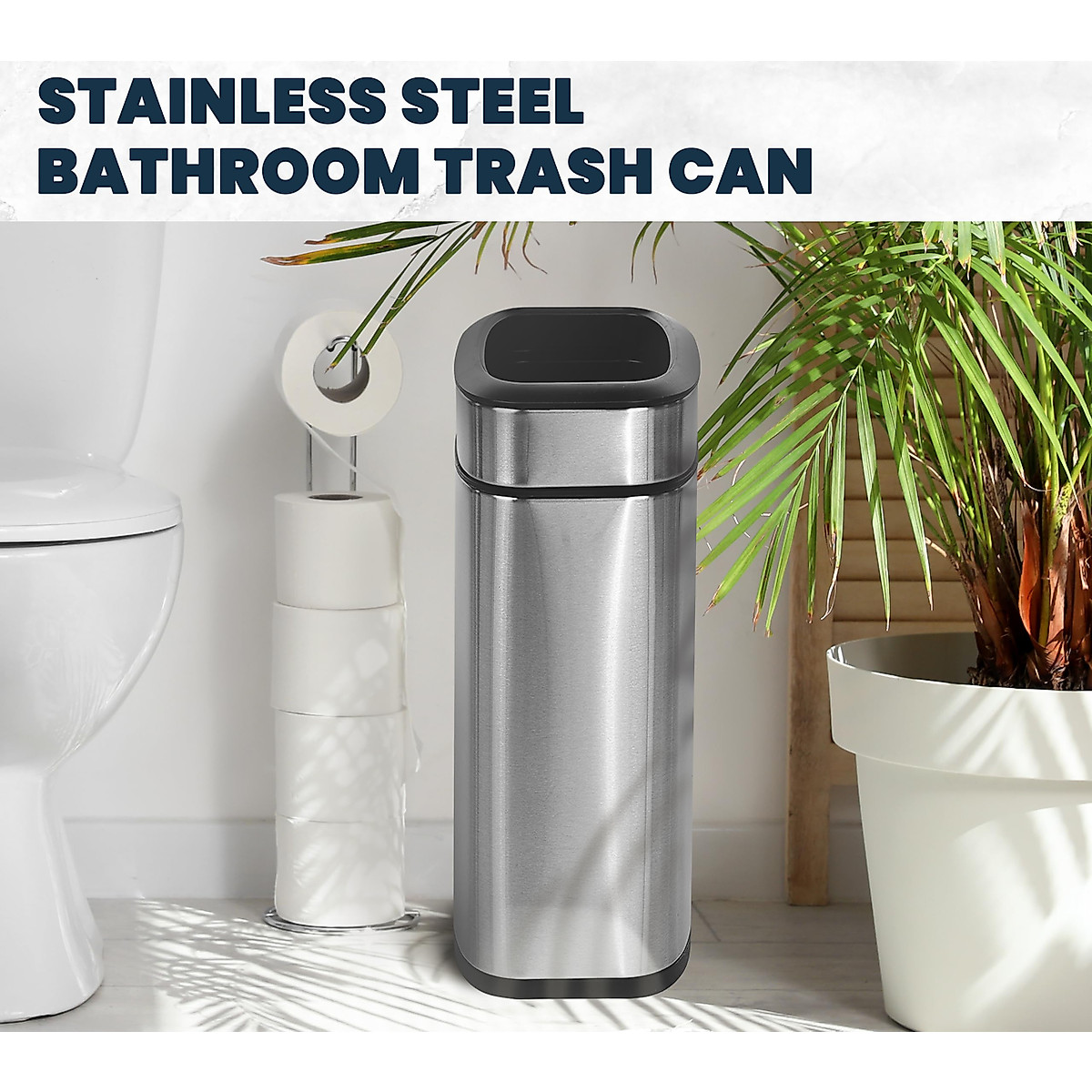 Alpine Industries 40 L / 10.5 Gal Stainless Steel Slim Open Trash Can - Compact Garbage Bin - Wide Access Top Slender Durable Receptacle with Sturdy Plastic Liner