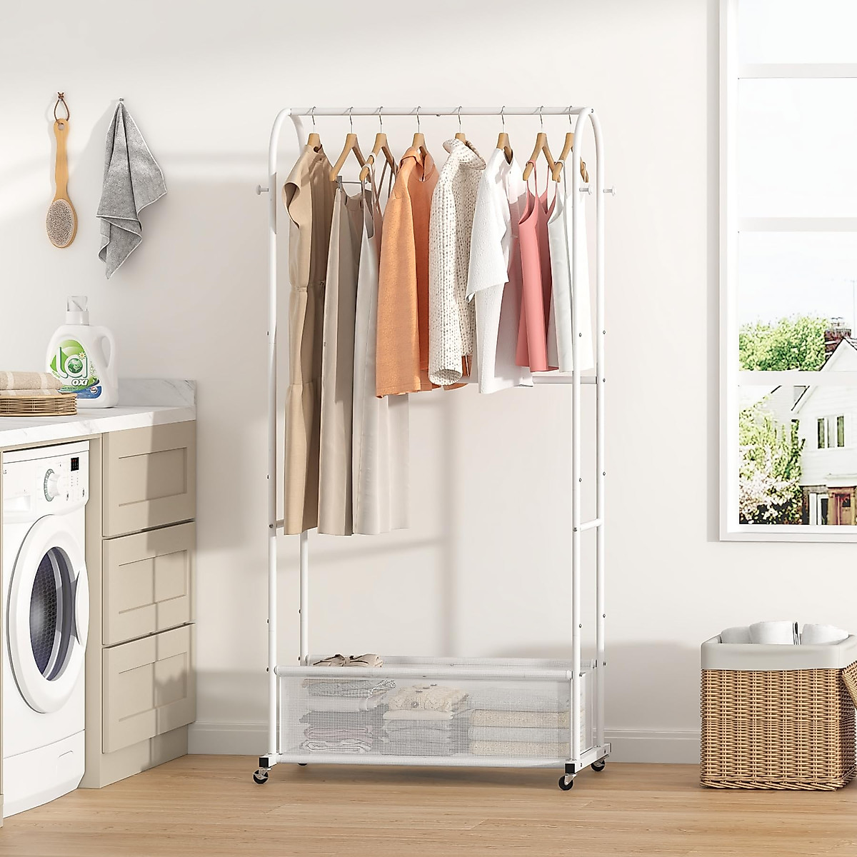 MOYIPIN Double Rods Clothing Rack with Wheels,Clothing Rack for Hanging Clothes Coat Scarves Bags,Multi-functional Bedroom Garment Rack,4 Hooks,White