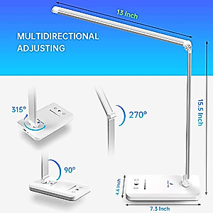 Ambertronix LED Desk Lamp with USB Charging Port, Dimmable Eye-Caring Reading Desk Light for Home, with 5 Brightness Level & 3 Lighting Modes, Touch Control, Auto Timer (White)