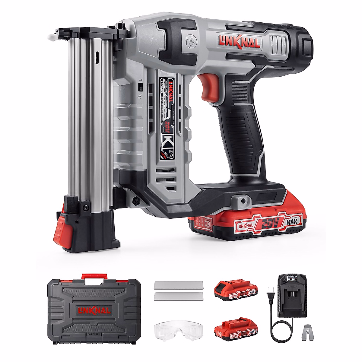 Electric Nail Gun, LINKNAL Cordless Brad Nailer Battery Powered,18 Gauge, 2×20V MAX Li-ion Batteries, Charger and 1000 Nails Included (L820-BN)