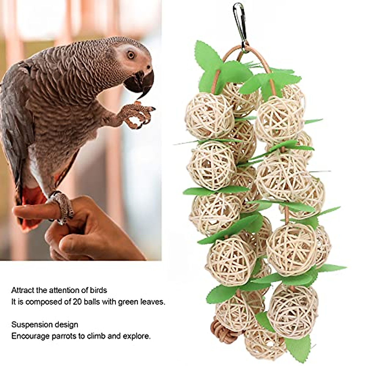 Bird Chewing Toys Rattan Ball String Parrots Swing Toy Foraging Shredder Toy Hanging Hammock Bell Swing Chewing Toy for Training and Playing Fetch(L-Wooden Color)