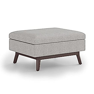 SIMPLIHOME Owen 34 Inch Wide Mid Century Modern Rectangle Coffee Table Lift Top Storage Ottoman in Upholstered Cloud Grey Polyester Fabric, For the Living Room
