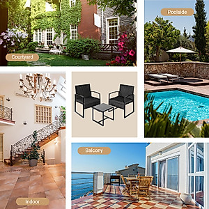 HOMEZILLIONS Outdoor Furniture 3 Piece Patio Set Balcony Furniture, Rattan Wicker Chairs Outdoor Bistro Set with Table and Cushions for Poolside Yard Porch, Black