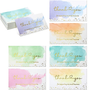 120 Pieces Watercolor Thank You for Supporting My Small Business Card Gold Foil Thank You Business Card Colorful Thanks Card Customer Appreciation Package Insert for Online Shop Retail Store, 6 Styles