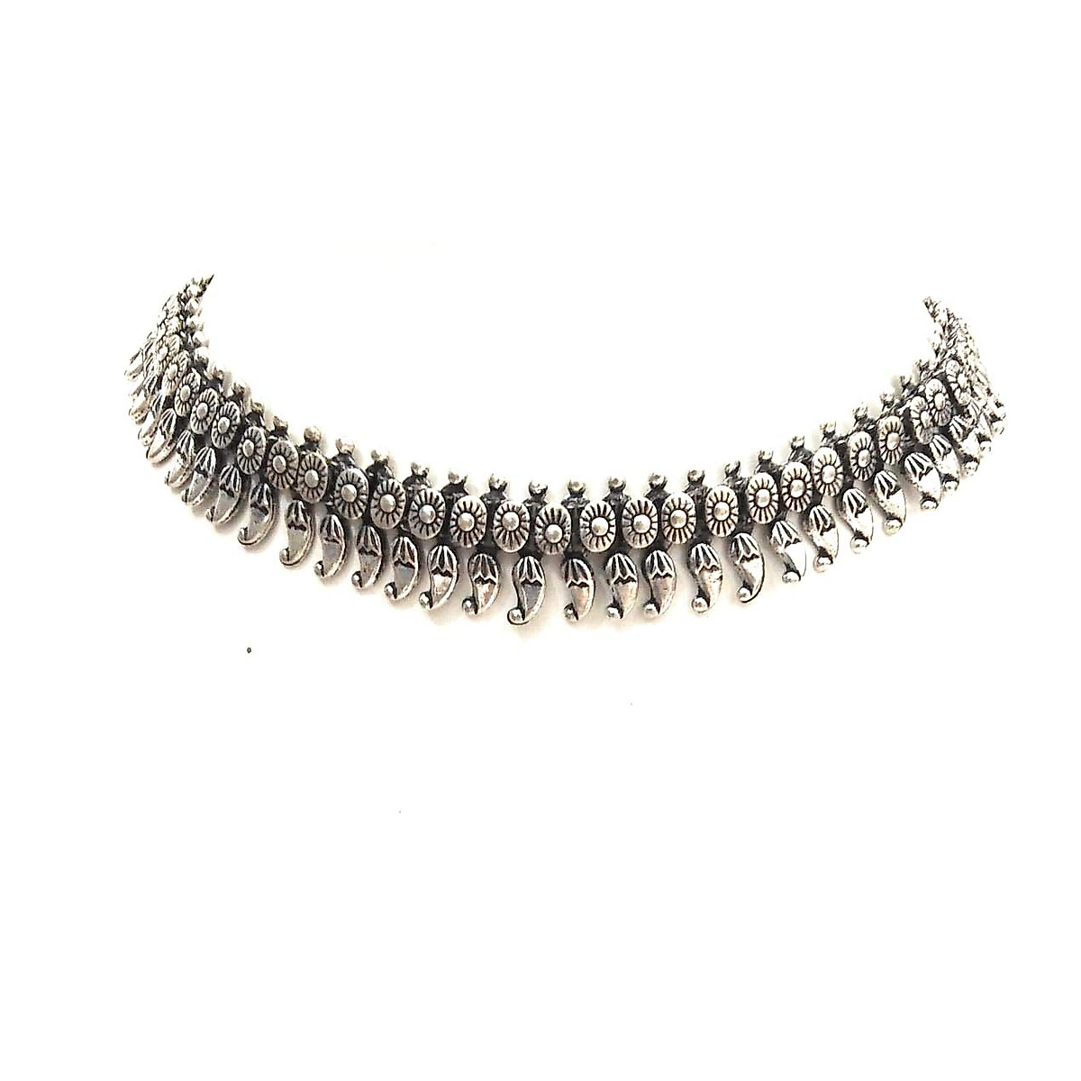 athizay Necklace oxidised silver choker for women fashion traditional Indian jewelry tribal inspired antique silver Choker Metal jewellery (Tooth Bead with Drawstring)