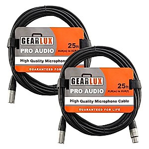 Gearlux XLR Microphone Cable, Fully Balanced, Male to Female, Black, 25 Feet - 2 Pack