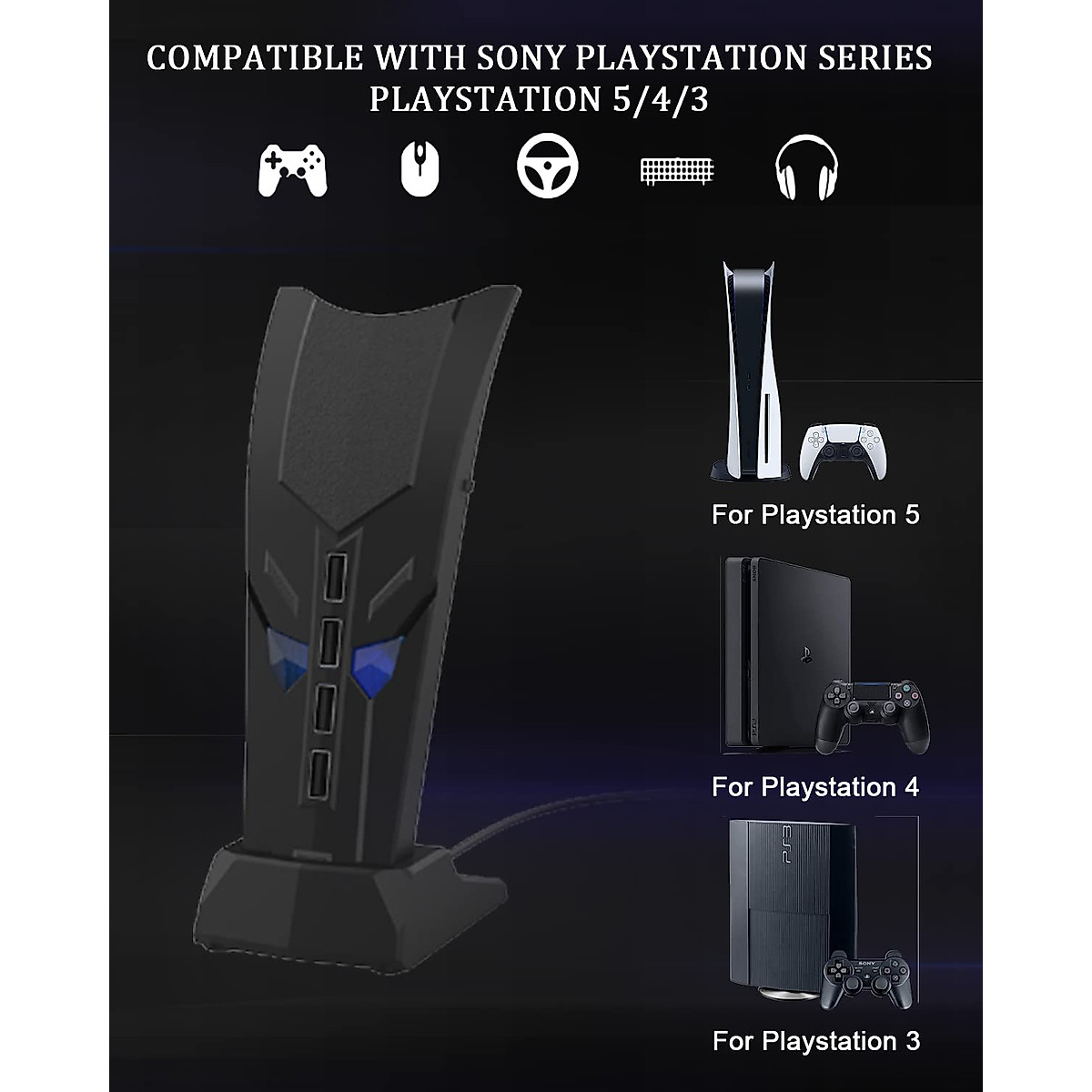 Joso USB Hub for PS5 with Glowing Eyes, High-Speed Expansion Hub Charger Splitter Adapter with 4 USB Ports + USB Adapter Cable, Multi-Platform Compatible with PS4, Mac OS, PC, Laptop, Plug and Play
