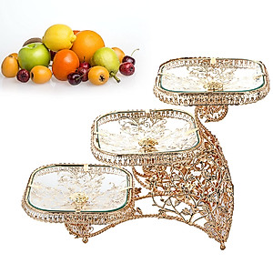 WANLECY 3-Tier Metal Glass Fruit Stand, Modern Palace Style Tabletop Fruit Bowl Plate Gold Decorative Table Centerpiece Holder Stand Fruit Dried Candy Bowl Party Wedding Decor