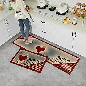 Red Kitchen Rugs Retro Utensils I Love My Kitchen Mat Red Kitchen Decor And Accessories Checkerboard Non-Slip Kitchen Rug and Mats Floor Mat Runner Rug for Kitchen Laundry Living Room Front Door