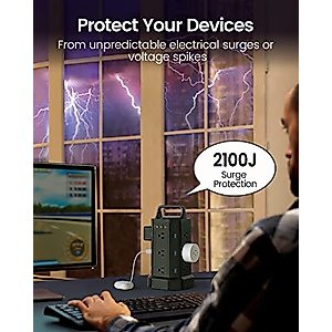 Power Strip Surge Protector Tower 2100J, SUPERDANNY Extension Cord with Multiple Outlets, 12 AC 6 USB Charging Station, Handle Cord Retracting, 6.5ft Overload Protection for Garage, Workbench, Black
