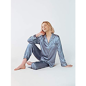 SIORO Silky Pajamas for Women Satin Pajama Sets Long Sleeve Button Down Sleepwear PJ's Soft Loungewear, Blue Grey, Medium