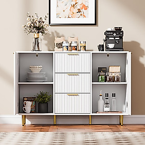 Cozy Castle 47.2" Buffet Cabinet, Large Coffee Bar Cabinet, Glossy Fluted Accent Sideboard with Adjustable Shelves, Credenza with Doors and Drawers for Living Room, Hallway, Kitchen, White