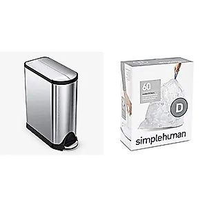 simplehuman 40 Liter / 10.6 Gallon Stainless Steel Dual Compartment Butterfly Lid Kitchen Step Trash Can Recycler & Code D Custom Fit Drawstring Recycling Trash Bags, 20 Liter / 5.2 Gallon, 60 Count