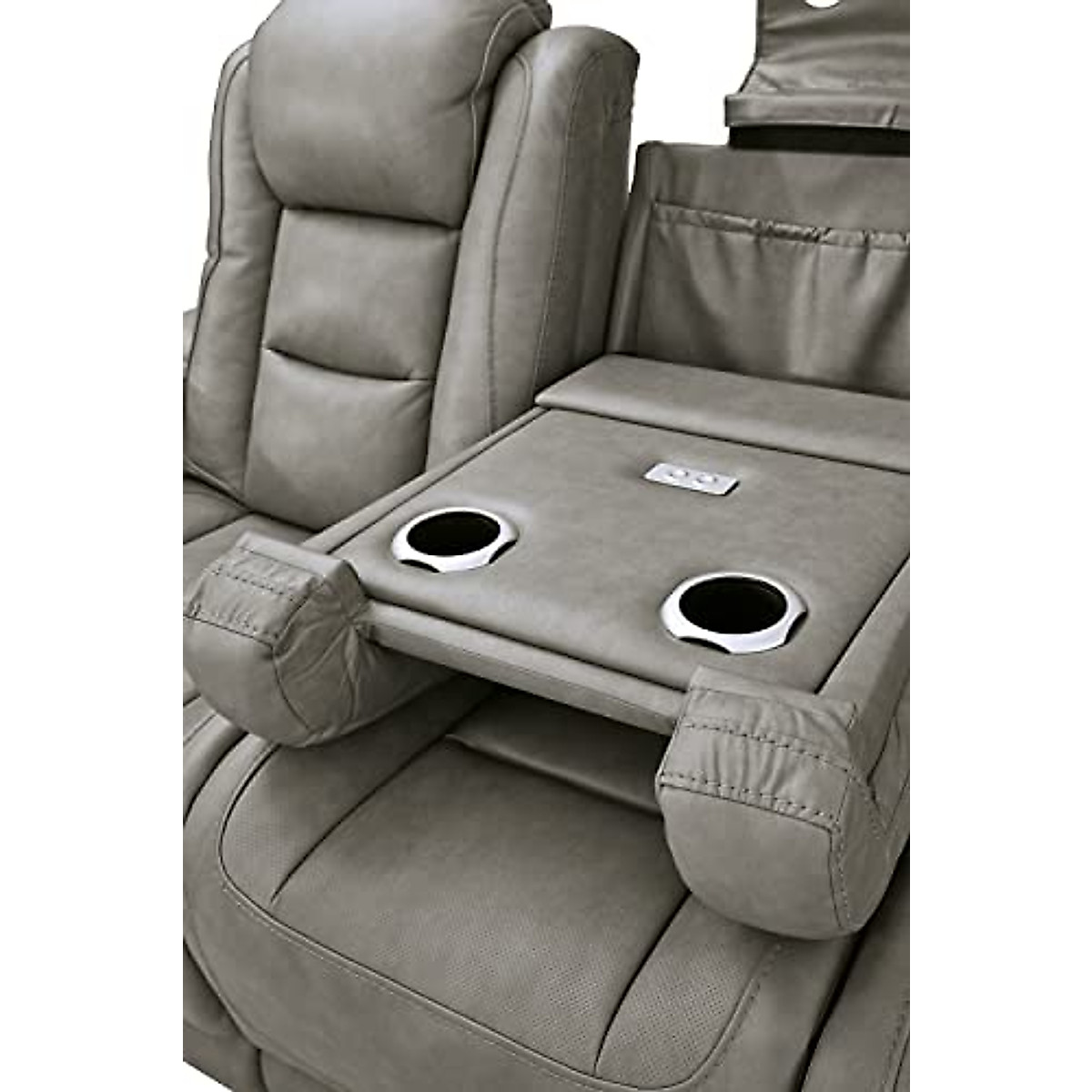 Signature Design by Ashley The Man-Den Leather Power Reclining Sofa with Adjustable Headrests & Wireless Charging, Gray