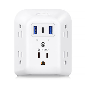 TROND Surge Protector Outlet Extender - 5 Outlet Splitter with 3 USB Ports (1 USB C), Multi Plug Outlet Expander with ON/Off Switch, 3 Sided Multiple Wall Plug Power Strip for Home Travel Office