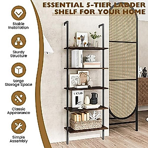 Tangkula 5-Tier Bookshelf, Modern Wall Mounted Ladder Shelf, 5 Tiers Wood Wall Open Bookcase with Metal Frame, Home Office Display Rack Storage Shelves for Collection, Plant Flower Stand (2, Brown)