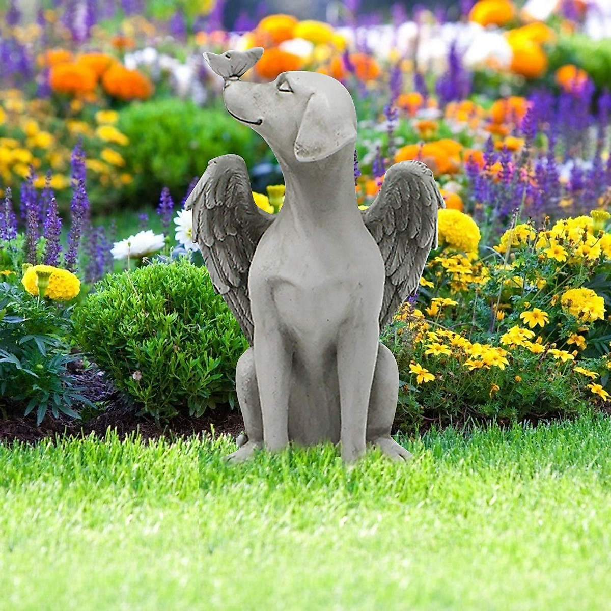 Pomobie Stone Angel Dog Memorial Statue - Garden Dog Statues Outdoor Lab - Dog Yard Statue Sculpture Angel Wings Decor (Gray)