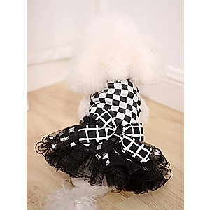 QWINEE Checkerboard Print Bow Decor Pet Dress Cat Dog Mesh Princess Dress Cute Puppy Dresses Pet Party Birthday Costume for Small Medium Large Girl Cats Dogs Kitten Black and White Medium