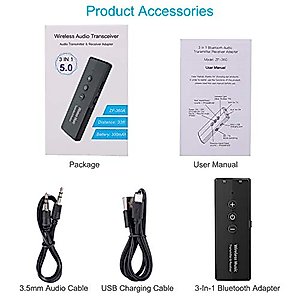 Bluetooth 5.0 Transmitter 3-in-1, Portable Wireless Bluetooth Transceiver Adapter, Rechargeable Bluetooth Transmitter for TV, Bluetooth Audio Receiver for Car System